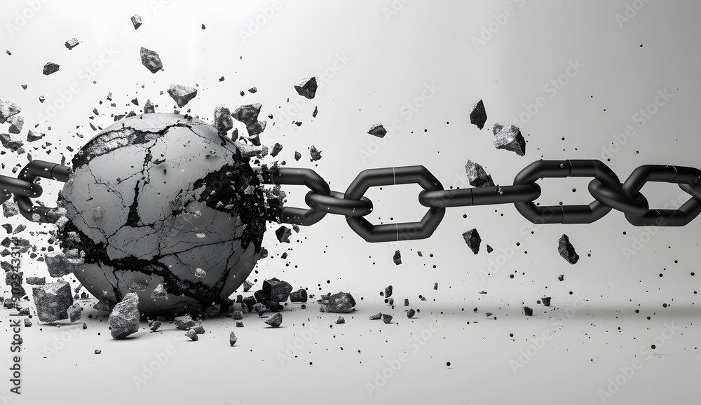 Wrecking ball breaking through the wall, black and white, simple ...