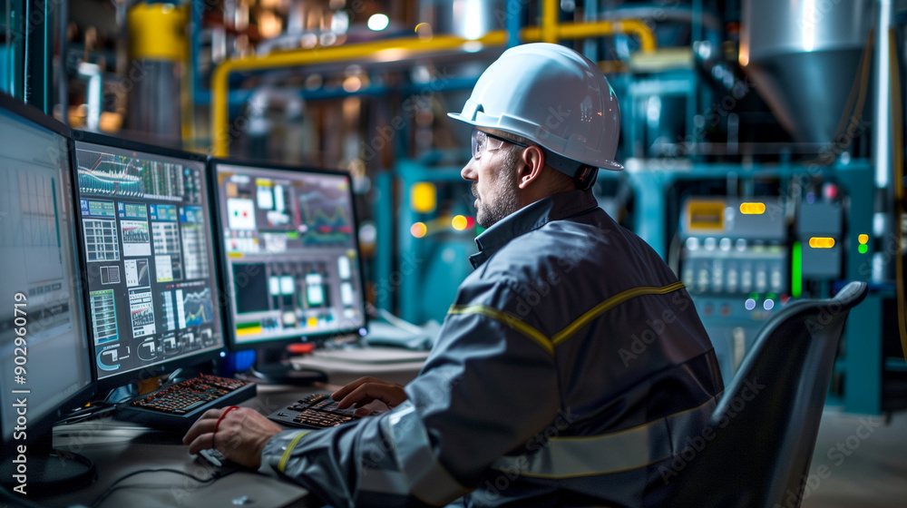 Engineer operates control room monitors in industrial facility during ...