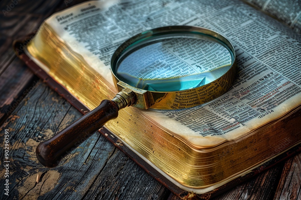 This detailed photograph features a crystal clear magnifying glass ...