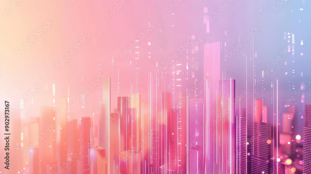 Business presentation with holographic graphics, right-aligned, pastel background, high ...