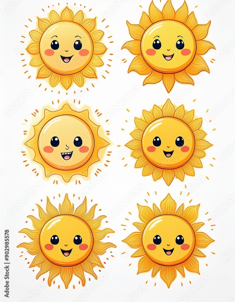 Cute Sun vector illustration set. Sun with different rays and emotions ...