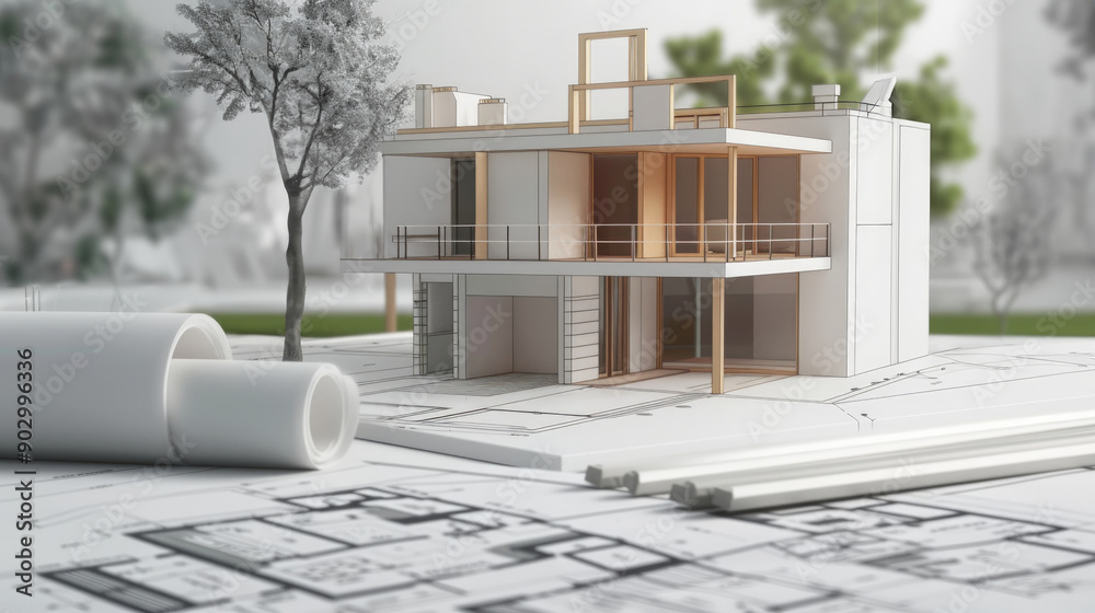Architectural model and blueprints of a modern house design Stock Photo ...