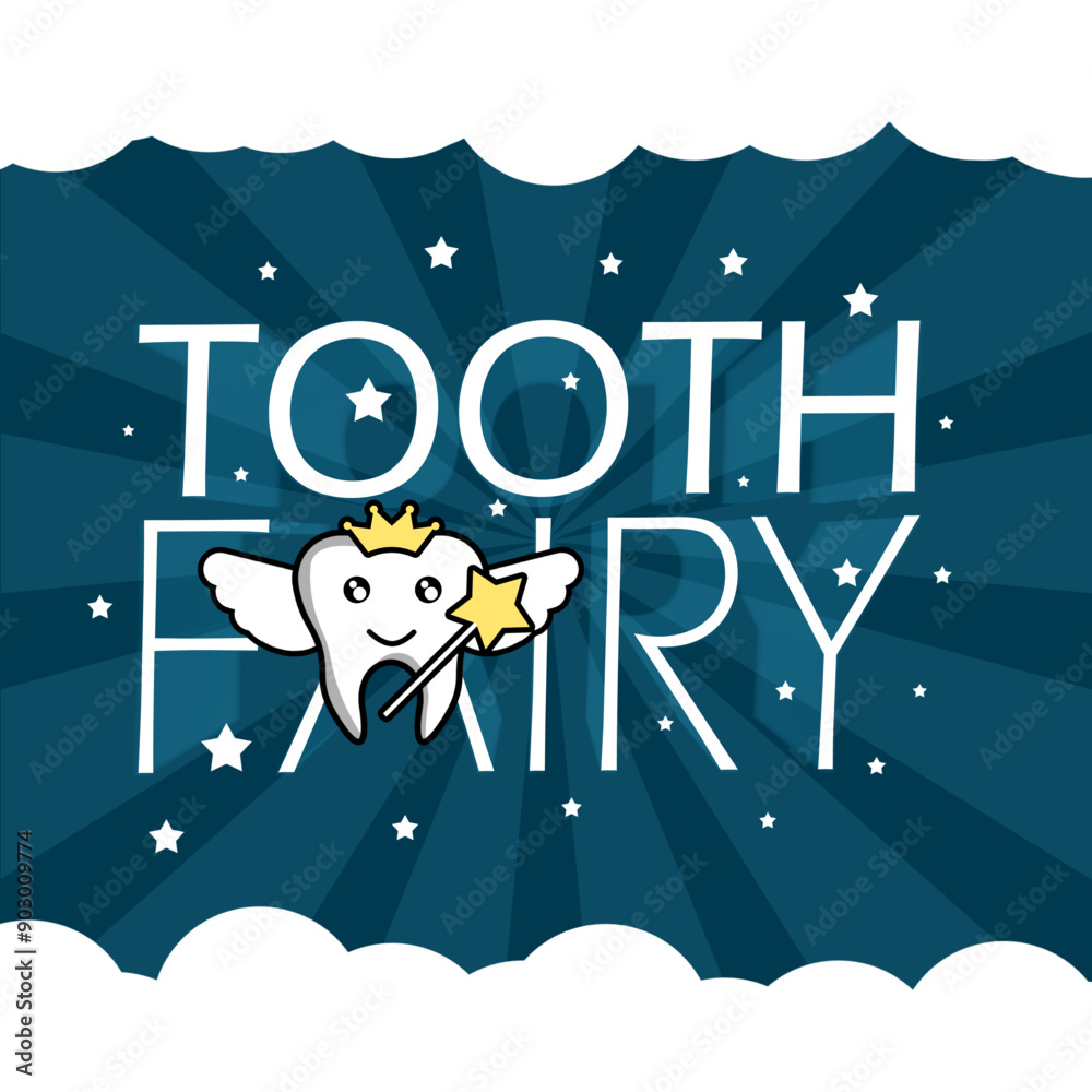 National Tooth Fairy Day event banner. Bold text with stars and a tooth ...