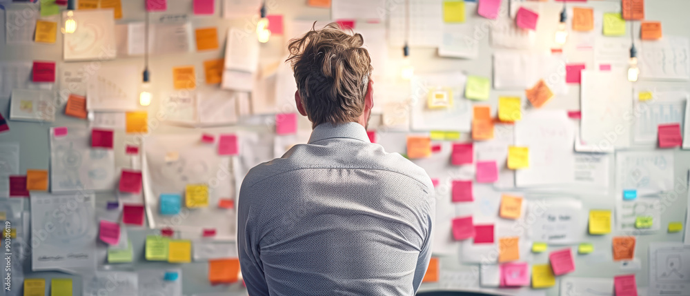 Person brainstorming, facing a cluttered wall with sticky notes and ...