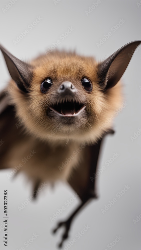 Mid-flight flying fox eyes wide mouth agape captured in a studio ...