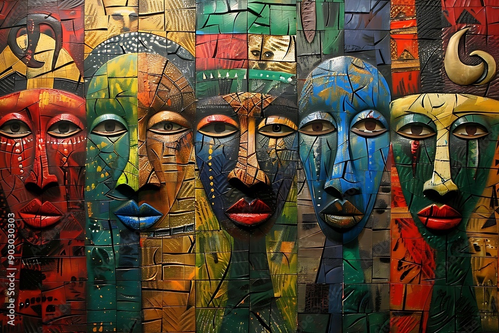 An abstract art painting of faces. The faces are all different sizes ...