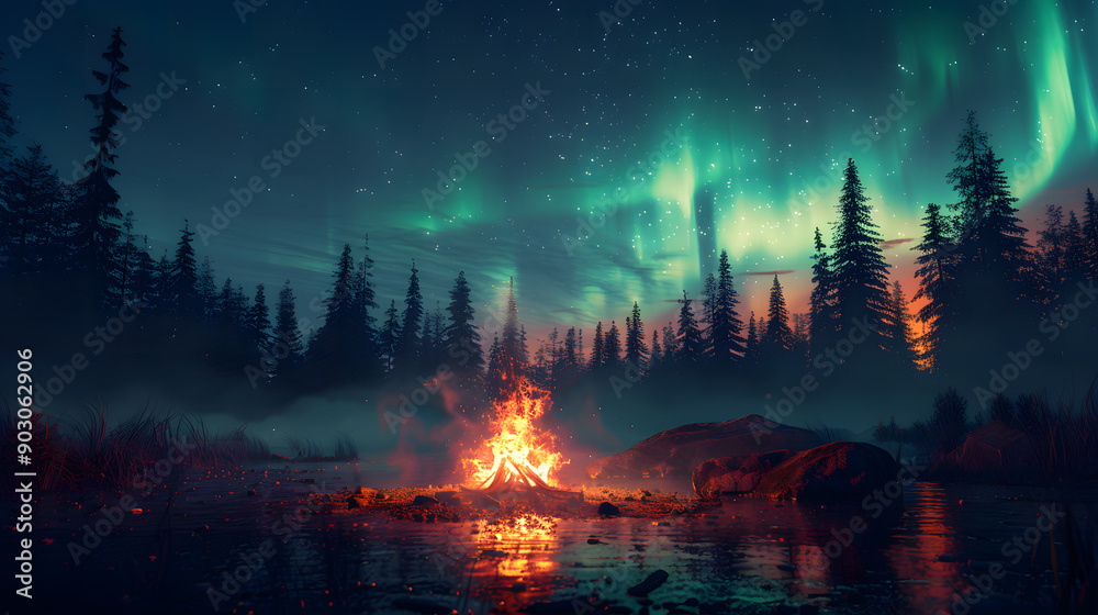 A warm and cosy campfire in the wilderness with forest trees ...