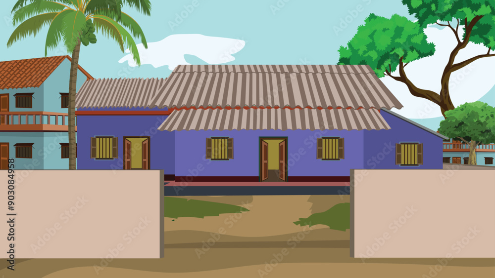 Rural asian farmer house background illustration vector for 2d cartoon ...