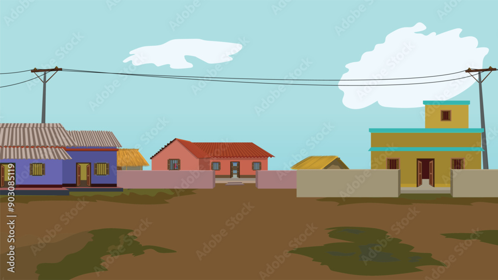 Indian Village background landscape design with blue sky and houses for ...