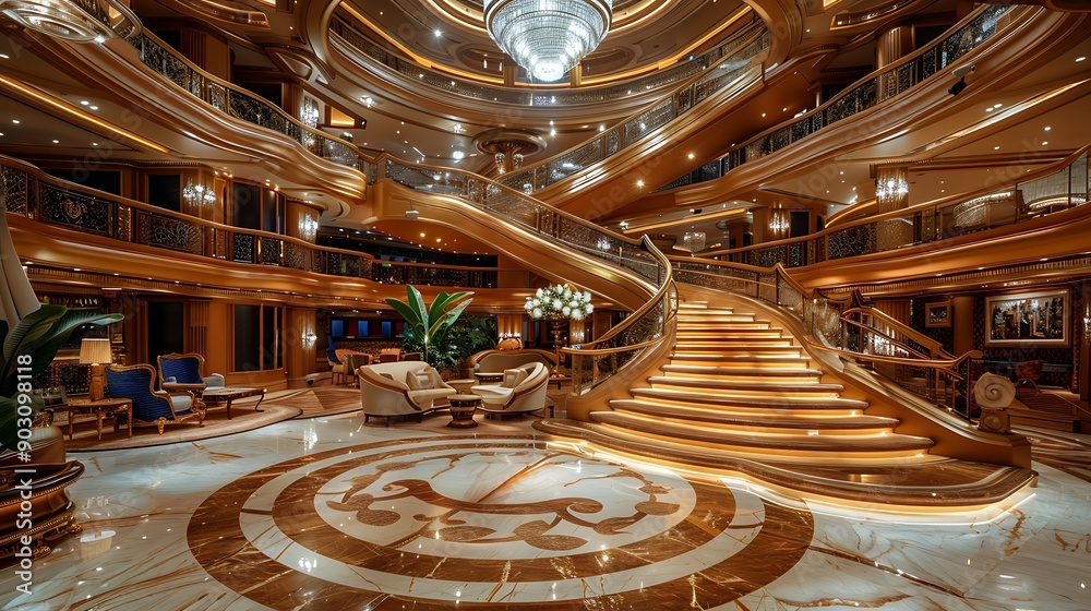 A high-resolution photograph of a luxury cruise ship's grand atrium ...