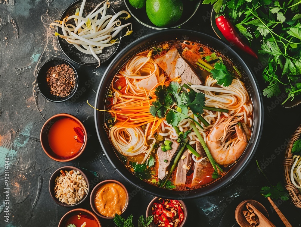Bun Bo Hue. The most popular Vietnamese dishes. A spicy beef noodle ...