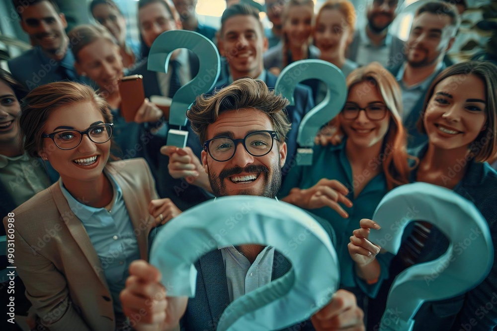 group of beautiful business people, wearing eyeglasses, are smiling and ...