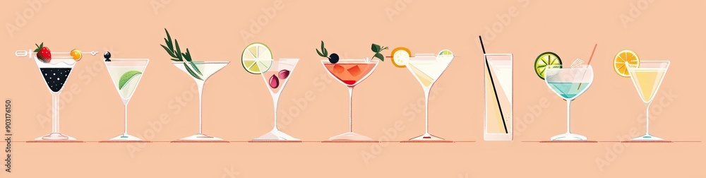 Flat illustration of various cocktails, with a minimalist aesthetic and ...