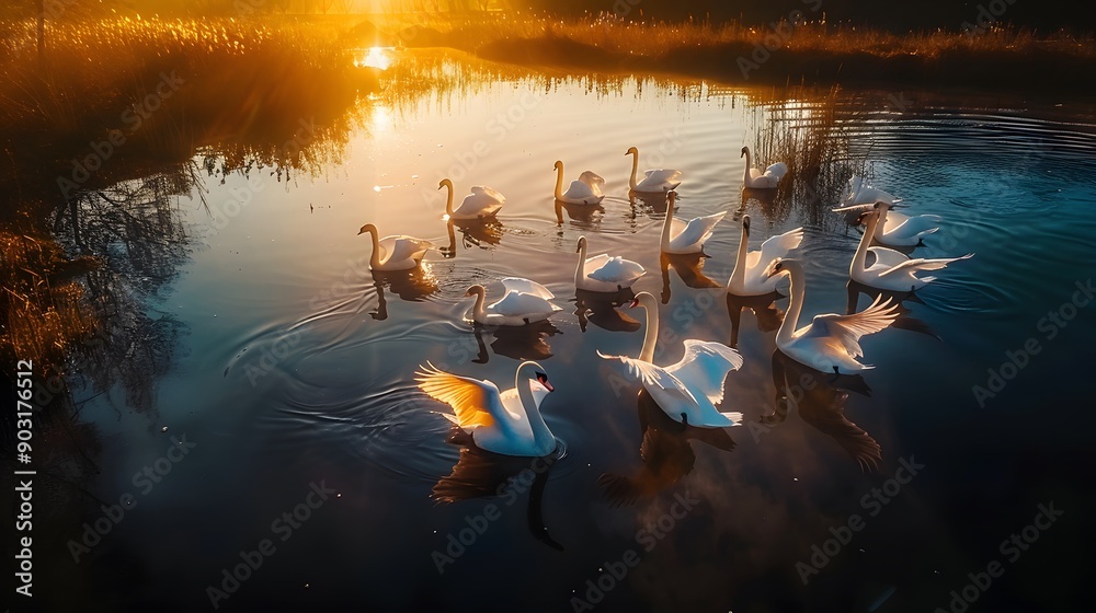Aerial view of a majestic flock of swans gliding over a serene lake at ...