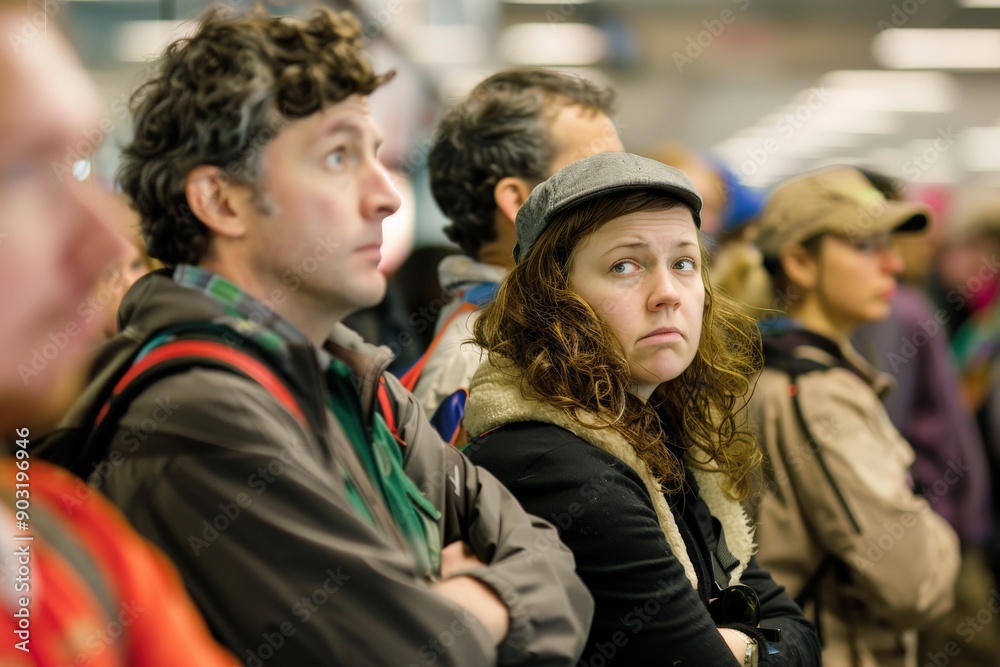 A woman with a pensive look and an endearing hat stands amidst a crowd ...