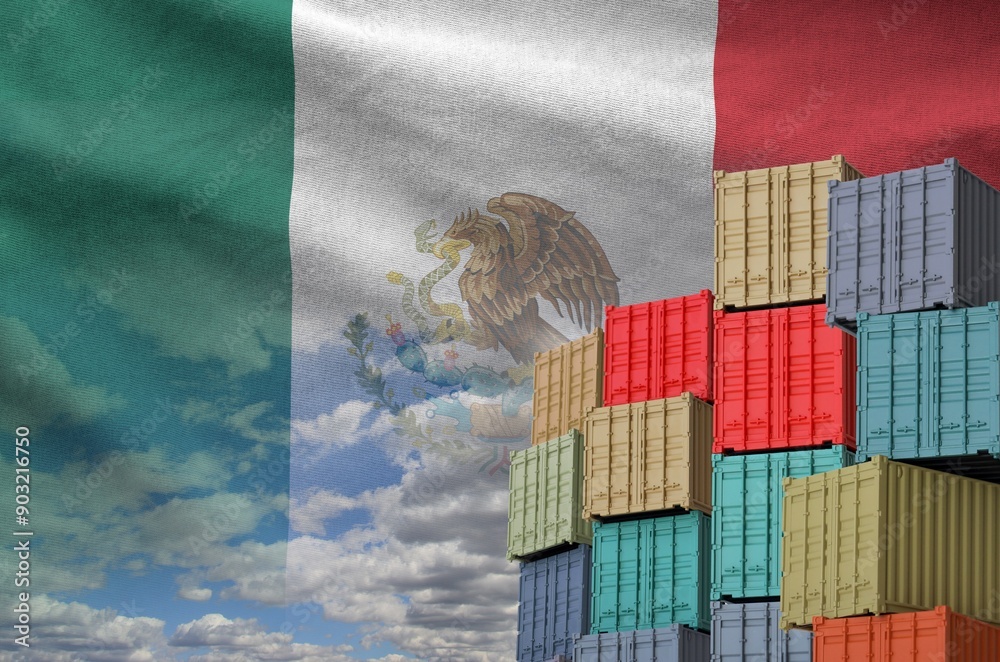 Mexico flag and big stack of shipping cargo containers in docks with ...