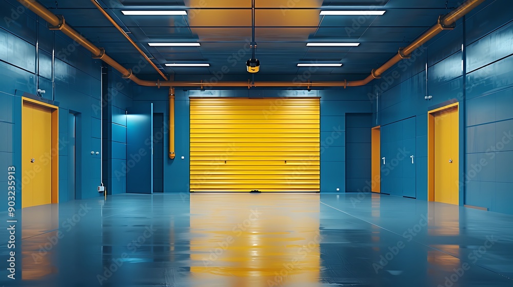 A modern industrial warehouse interior featuring vibrant blue walls and ...