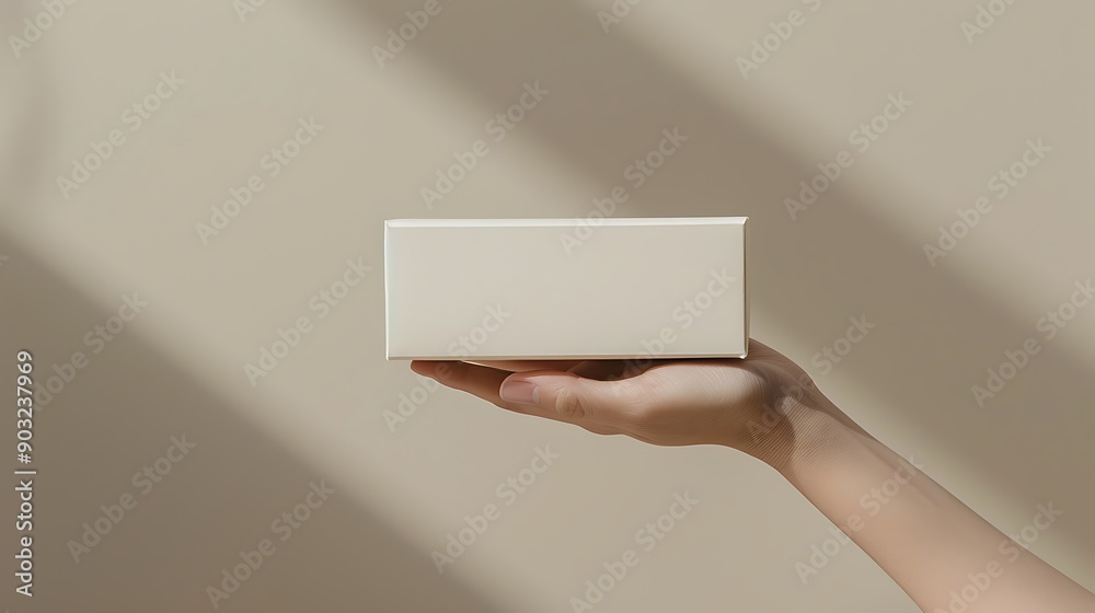 A hand holds a simple, cream-colored box against a neutral background ...
