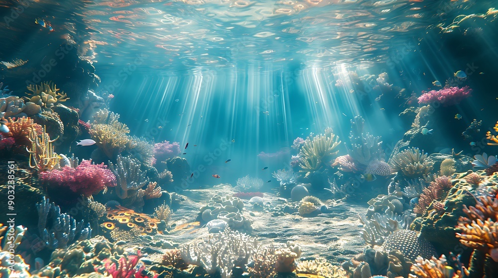 A vibrant underwater scene showcasing diverse coral reefs and marine ...