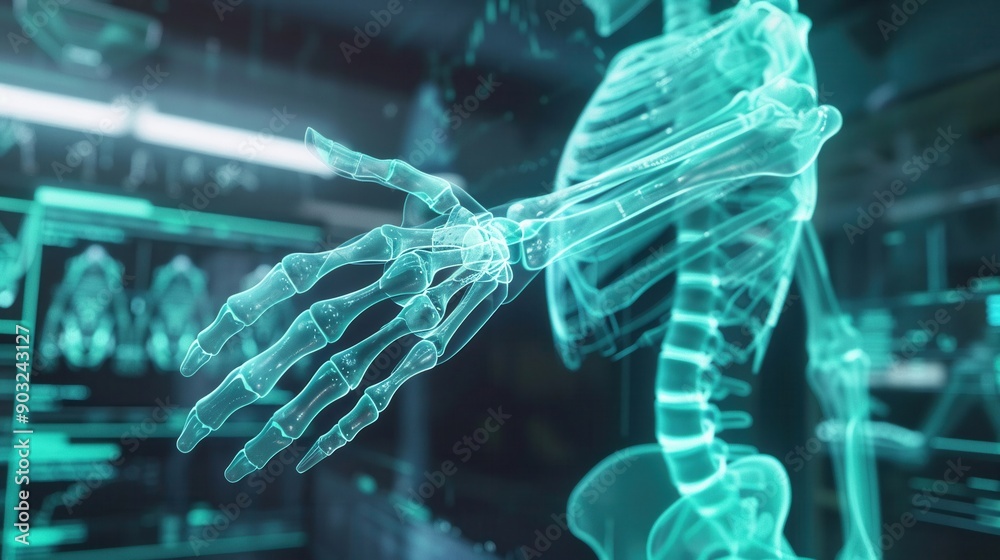 Musculoskeletal analysis, closeup, digital bone scan, advanced medical ...