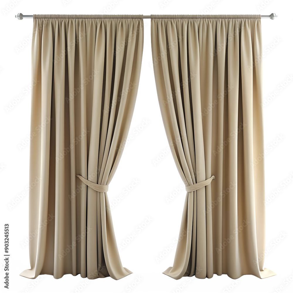 Beige curtains with drape holders isolated on white transparent ...