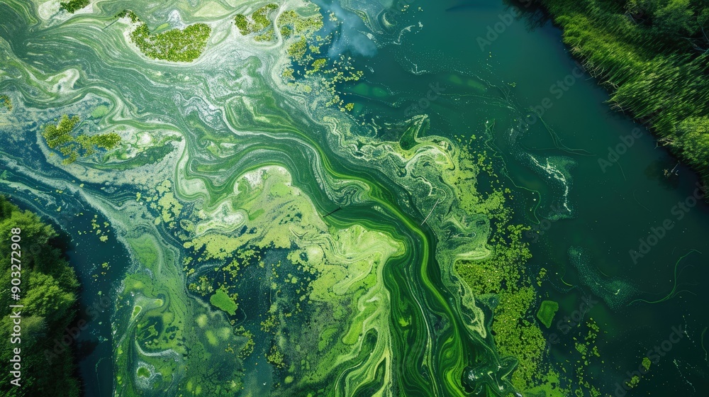 Blue green algae blooms on water surface due to runoff from fertilized ...