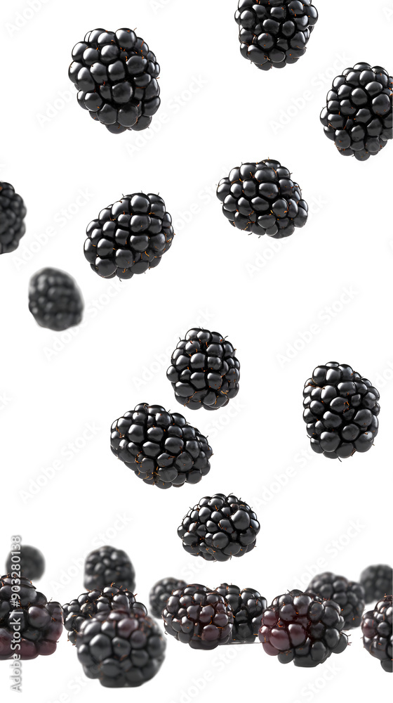 Falling delicious blackberries isolated on white background, full depth ...