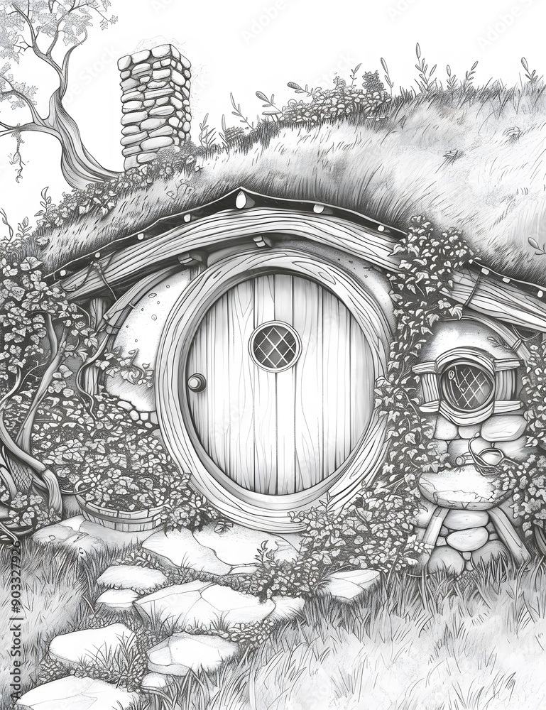 Ilustración de Stock Coloring Page of a Cute Hobbit House in Light ...