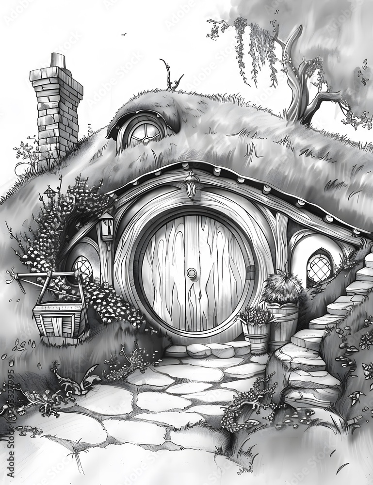Coloring Page of a Cute Hobbit House in Light Grayscale Stock ...