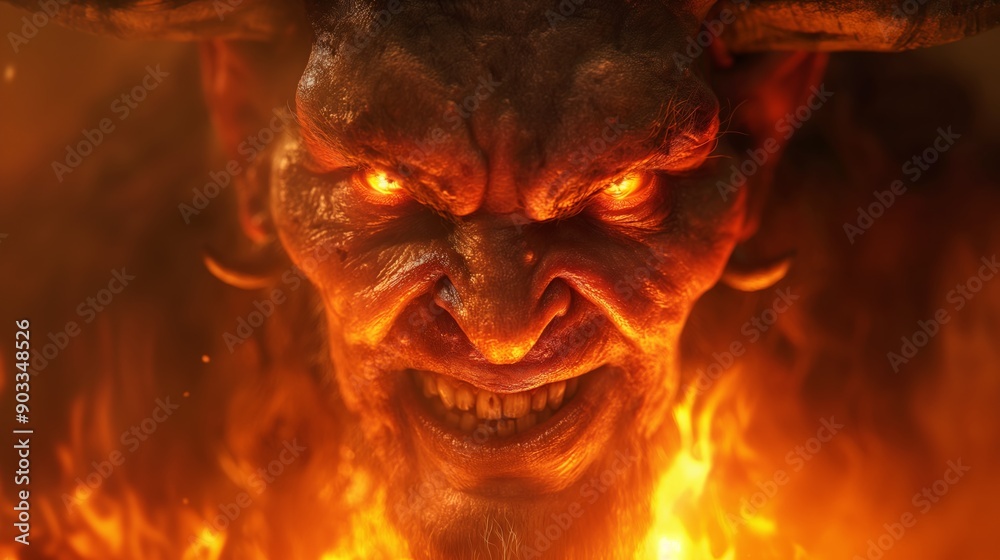 Depiction of Satan emerging from the fire with intense flames around ...