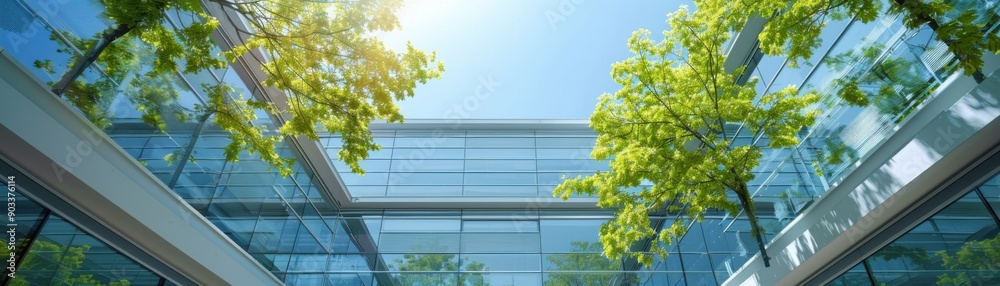 Sunlight Streams into Modern Office Atrium: A low-angle view of a ...