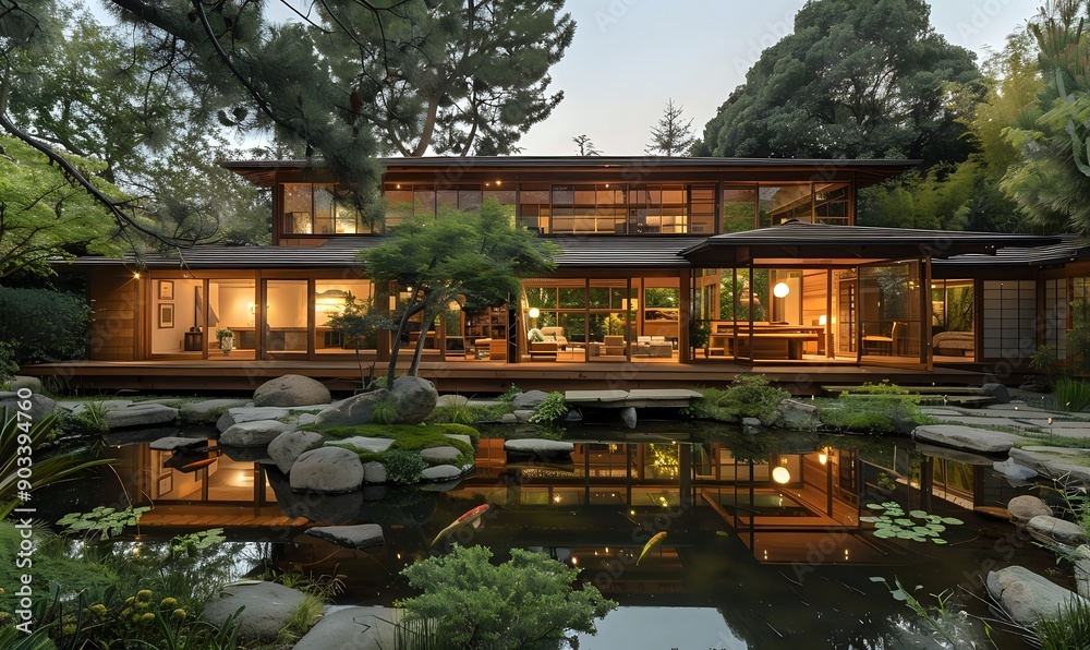 Zen Garden Oasis: Japanese House with Koi Pond & Lush Greenery Stock ...