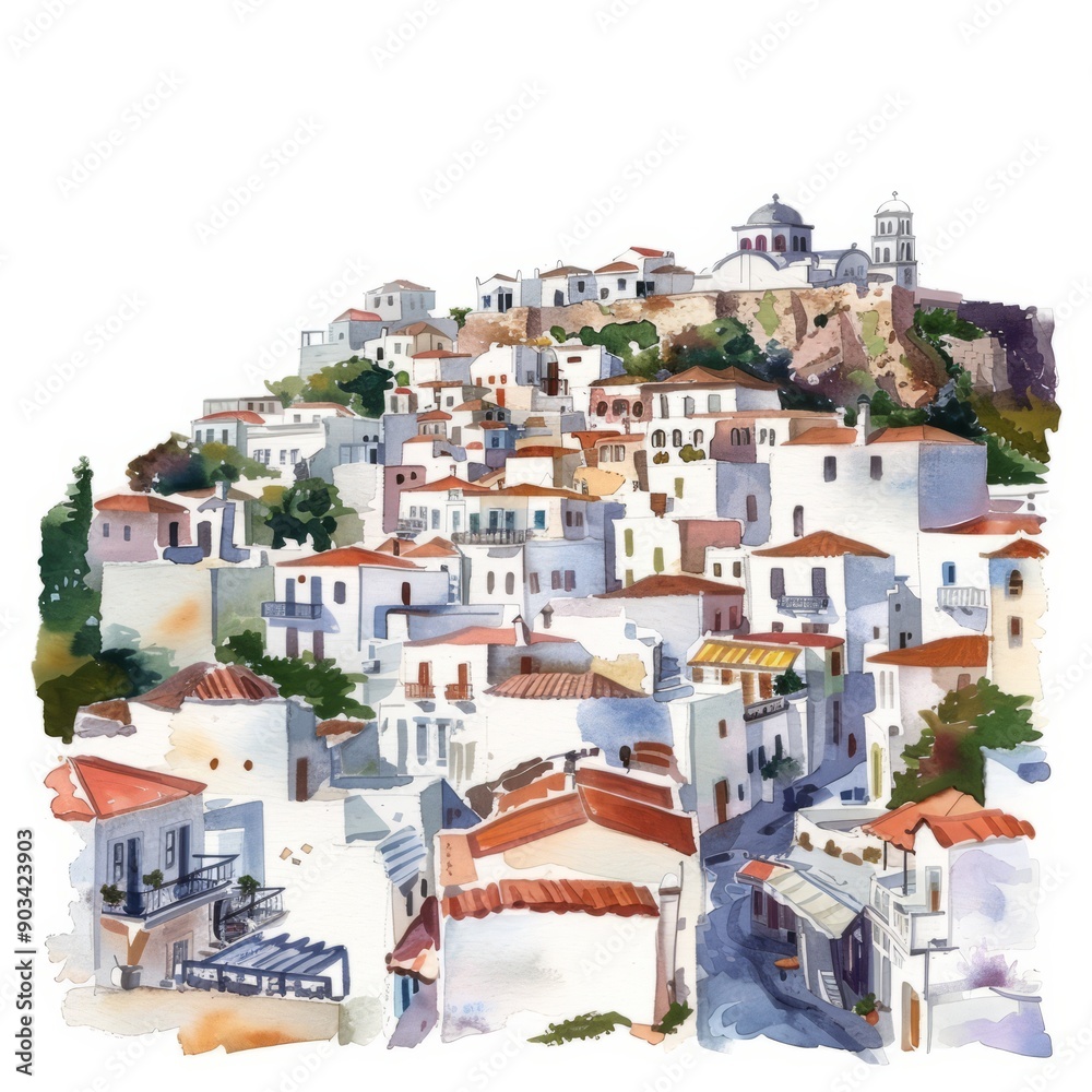 Watercolor painting of a Greek cityscape with white-washed buildings ...
