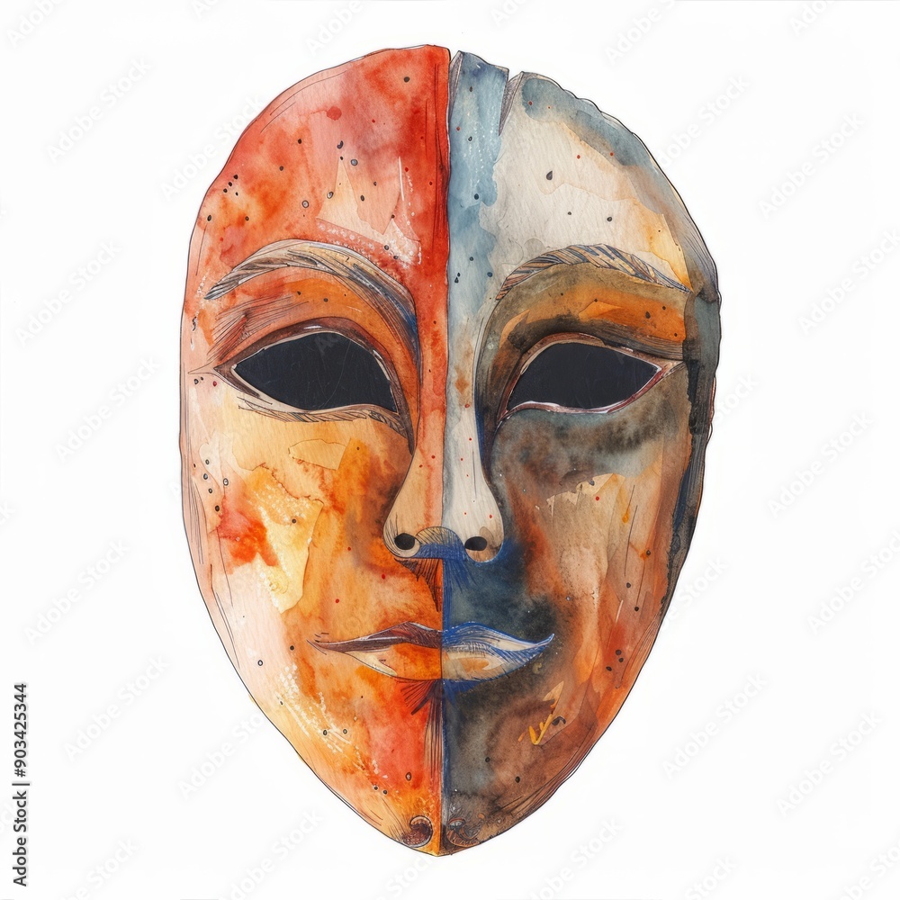 Watercolor painting of a Greek mask of tragedy and comedy, representing ...