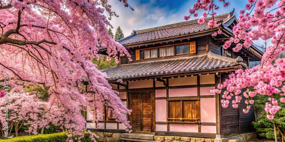 Japanese house covered in pink sakura flowers, Japan, house, sakura ...