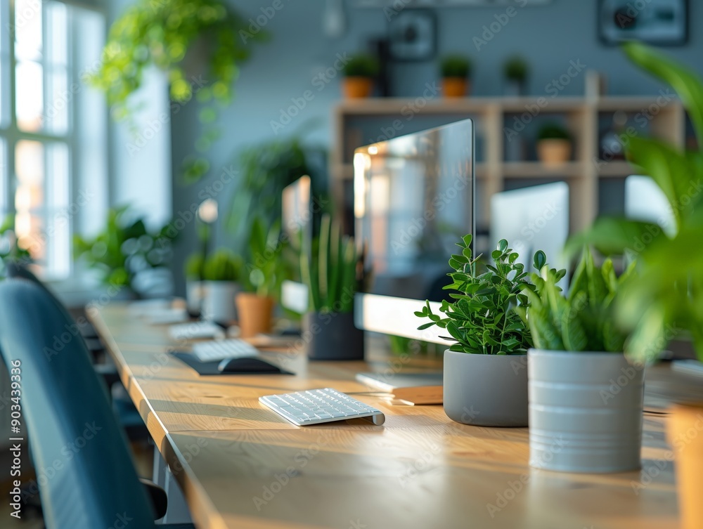 A row of sleek office workstations with computers, plants, and ...