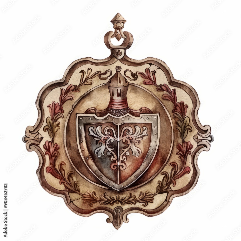 Watercolor painting of a medieval-style medallion with a knight's crest ...