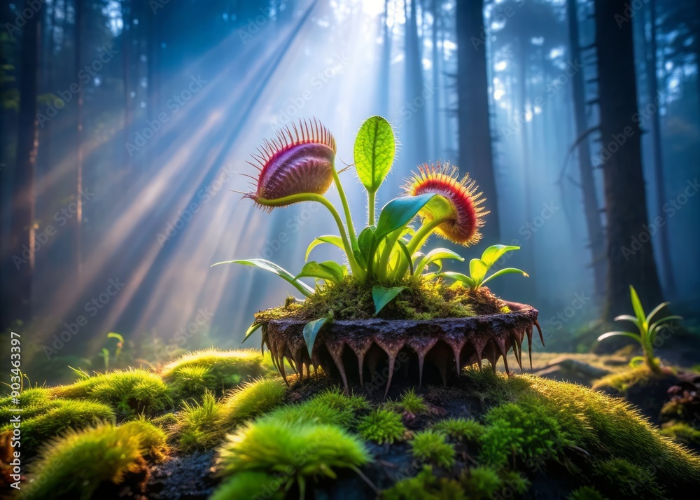 In a misty forest, a rare Venus flytrap plant with triggered leaves ...