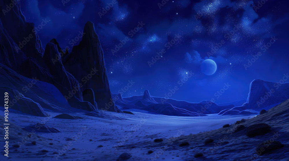 A breathtaking night scene of an alien desert landscape under a deep ...