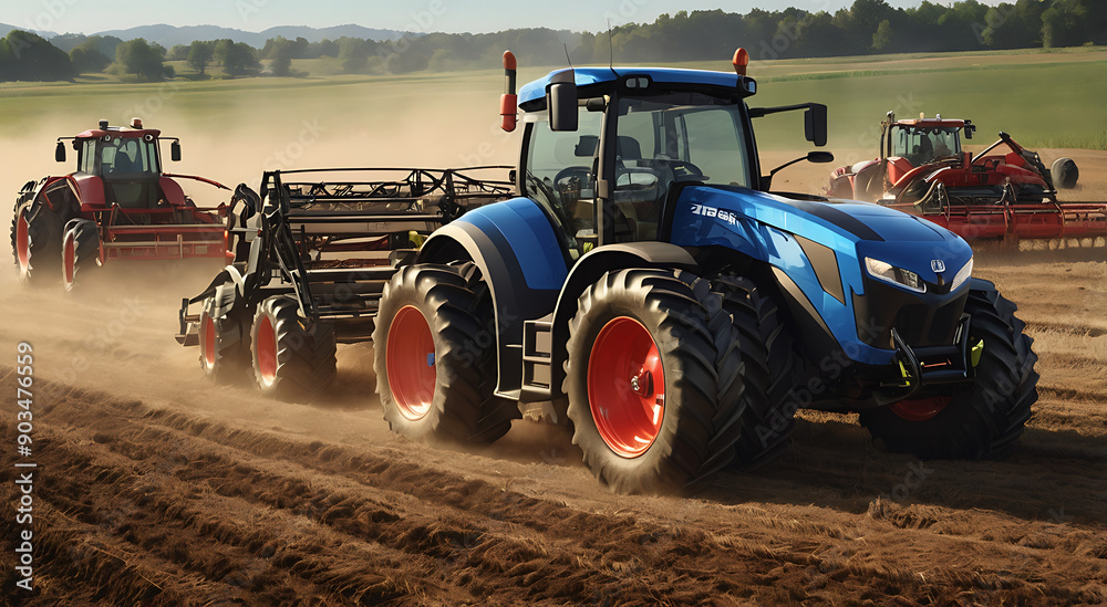 a sleek digital illustration of high-tech farm machinery in action ...