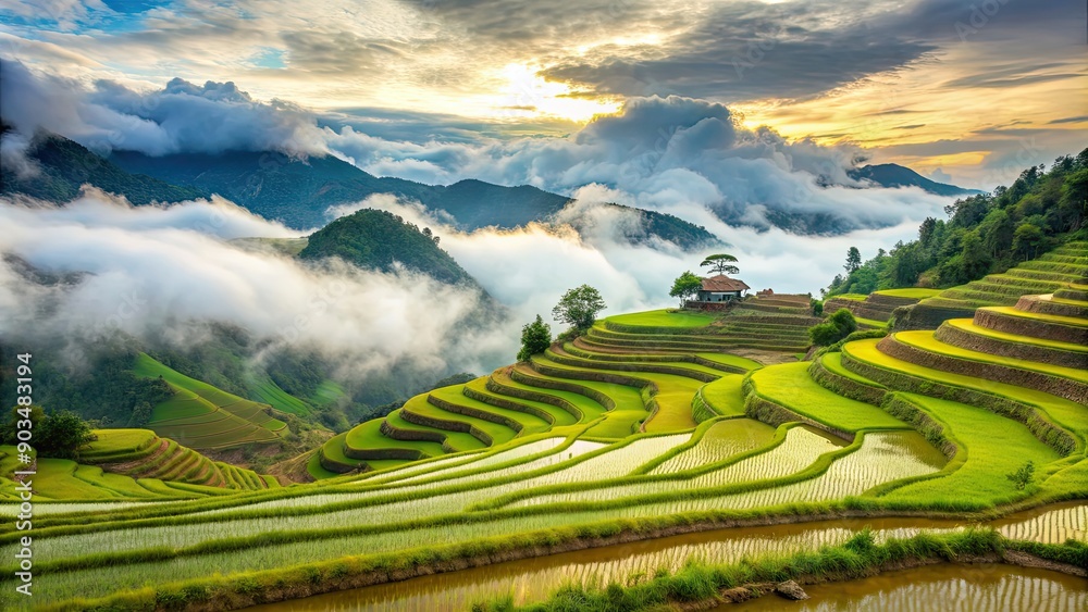Rice terraces in the mountains with clouds and sky background, rice ...