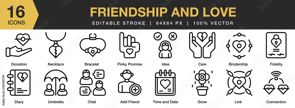 Friendship And Love icon set. Editable Stroke Icon Collection. Includes ...