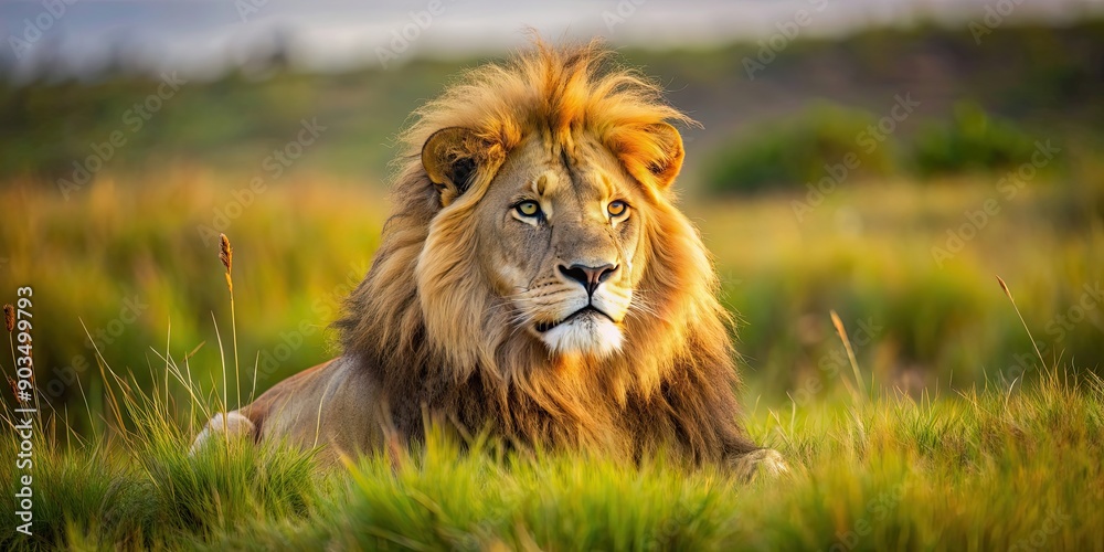 Majestic lion resting in the grass of the African savanna, wildlife ...