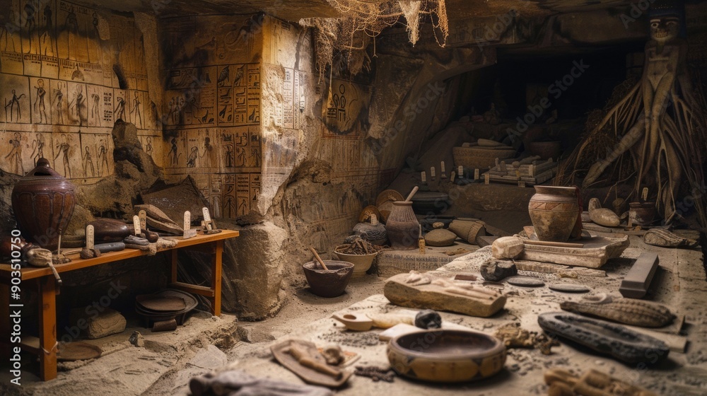 ancient cave with archaeological finds from ancient Egyptian times ...