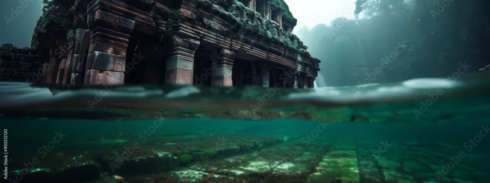 An underwater perspective of a structure submerged in algae-covered ...