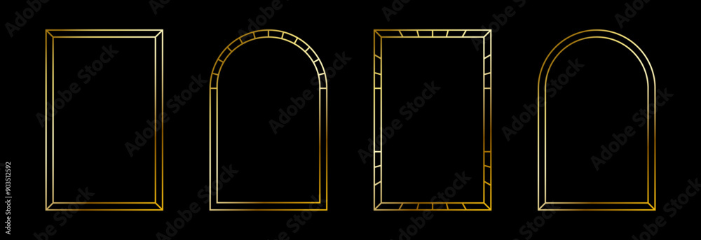 Thin golden frame set. Gold rectangle and arch border collection in art ...
