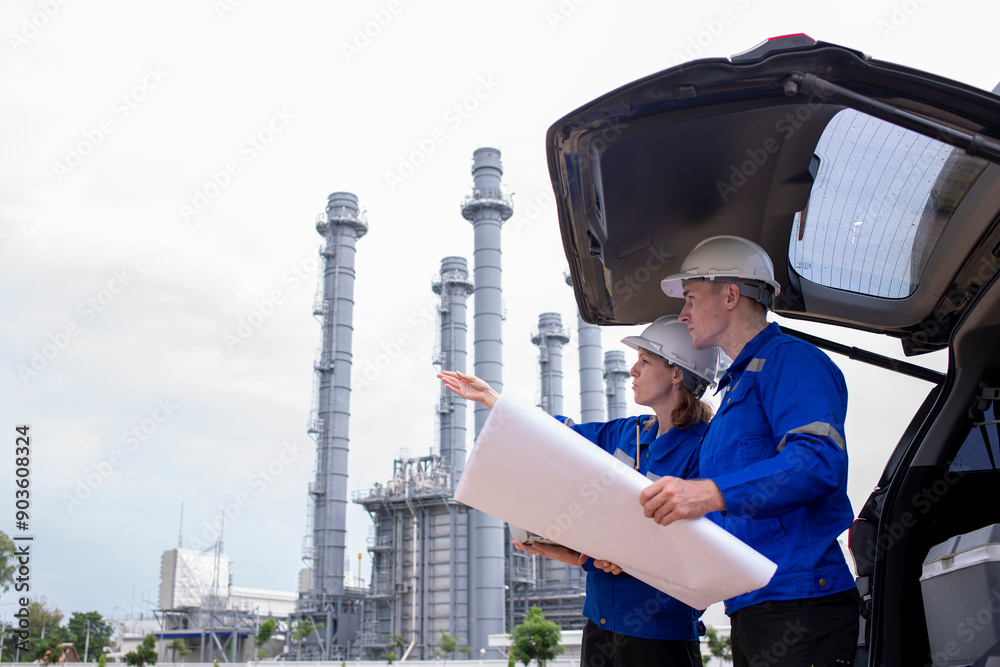 Engineers wear uniform and helmet stayed behind car hand holding ...