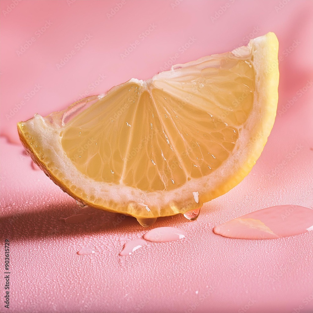 Rodajas de limón rociadas con gotas de agua sobre un fondo rosa pastel ...