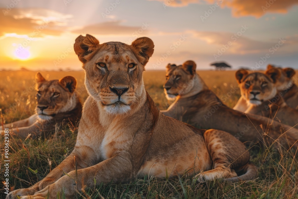 Group of many lioness wild cat animals lying on the ground, resting on ...