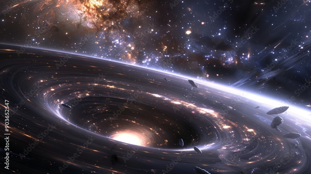 A CGI visualization of a black hole warping space-time, with a ...